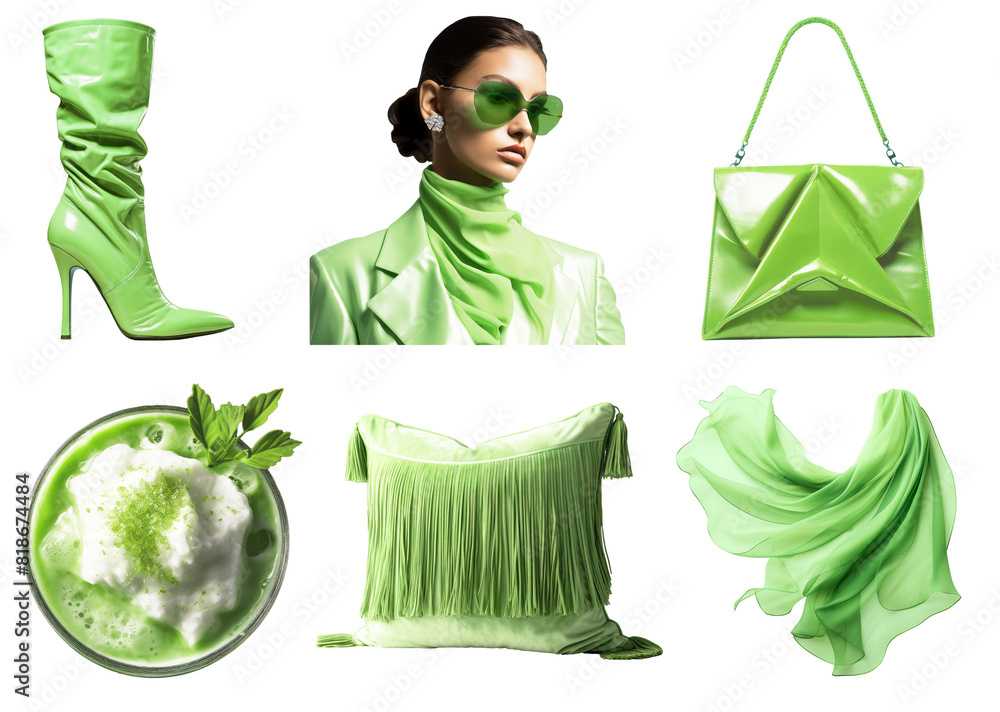 Set of matcha colors trends fashion aesthetic models and objects on png ...