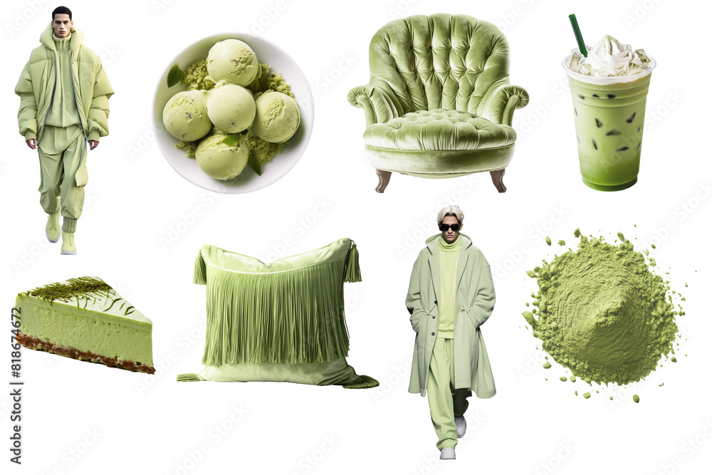 Set of matcha colors trends fashion aesthetic models and objects on png ...