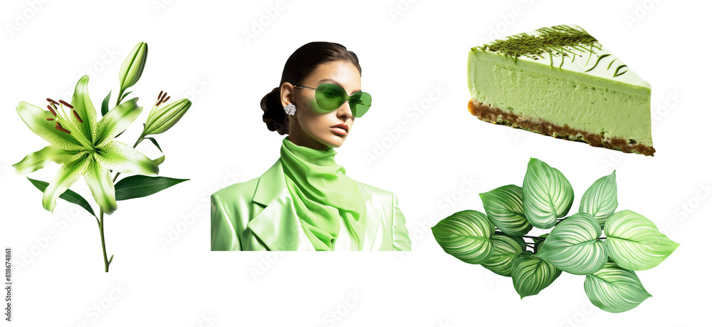 Set of trend colors matcha green fashion aesthetic model and objects on ...