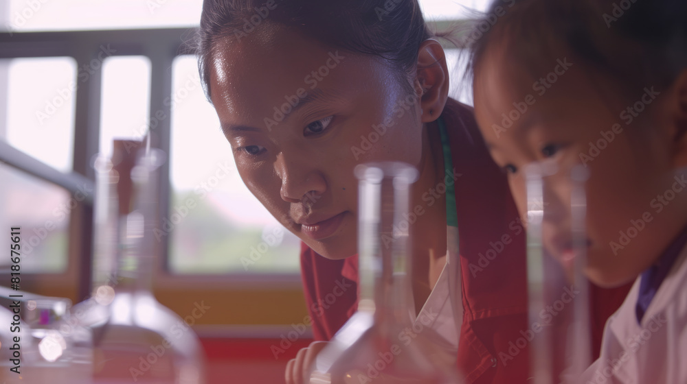 Curious students immerse in a scientific experiment with test tubes in ...