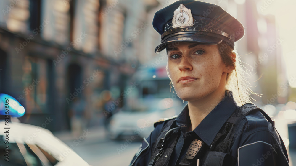 Portrait of a dedicated female police officer on duty in an urban ...
