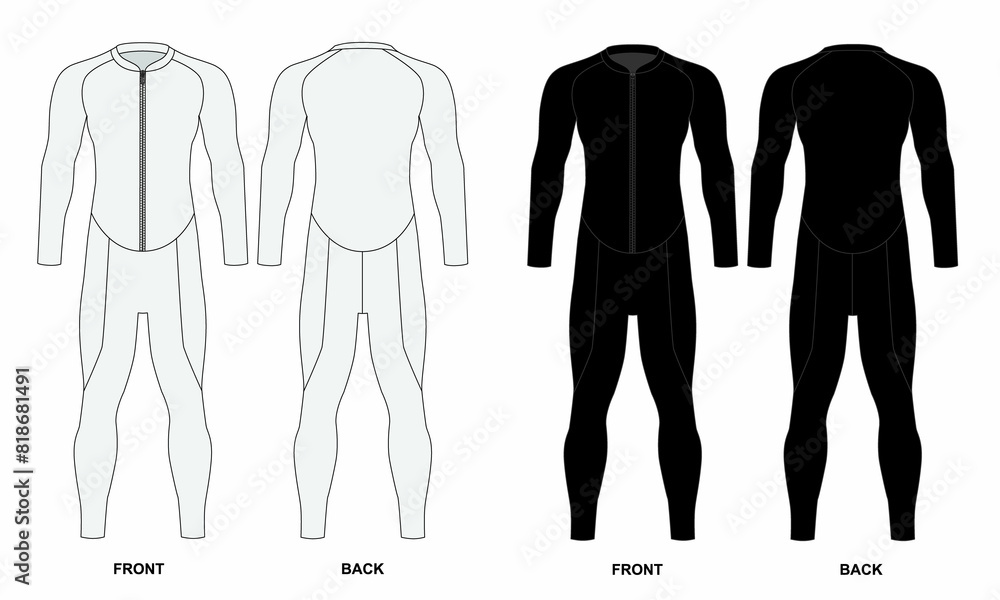 Technical drawing of a men's diving suit, front and back view. Sketch ...