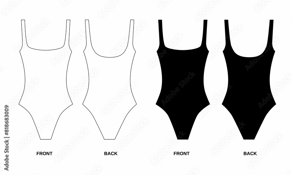 Image of basic one-piece swimsuit front and back view. Technical ...