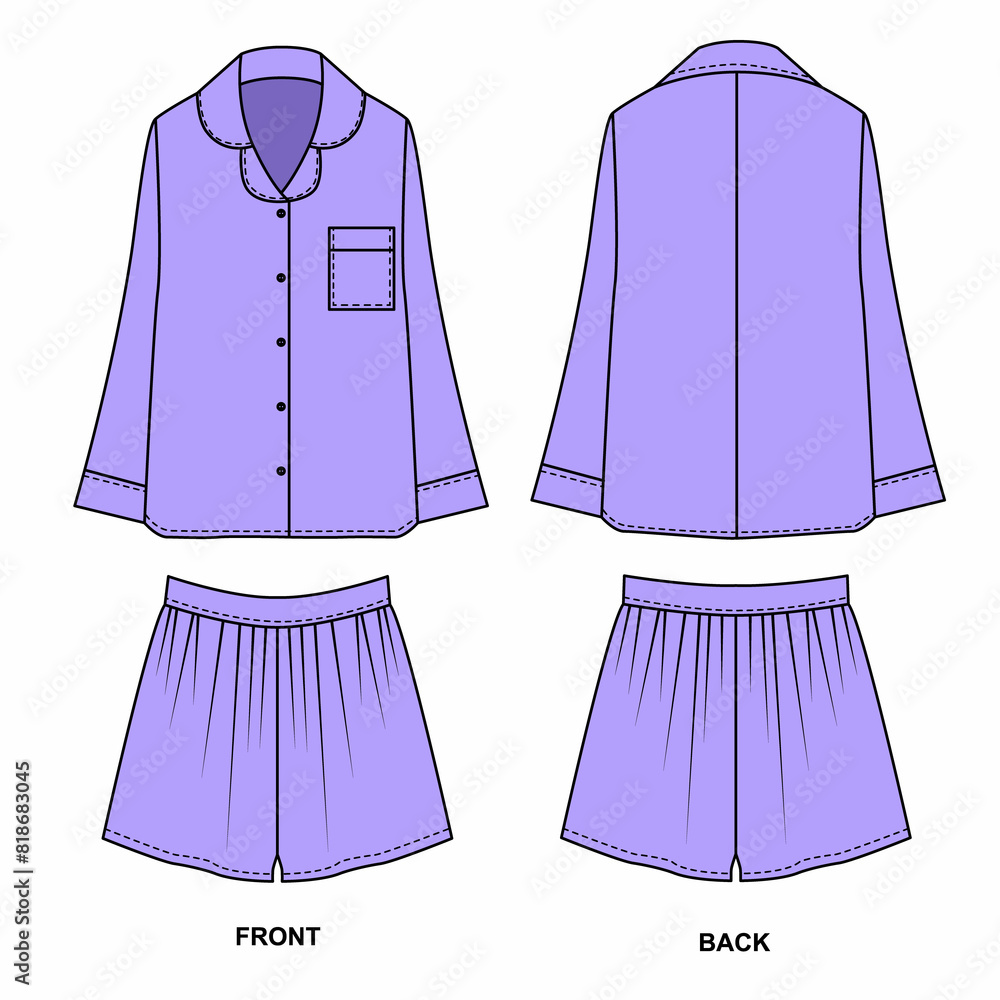 Women's pajama set, front and back view. Drawing of pajama shirt with ...