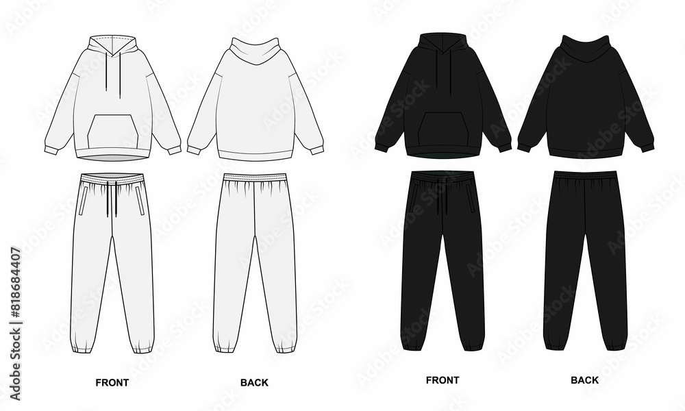 Technical drawing of a basic tracksuit, front and back view. Drawing of ...