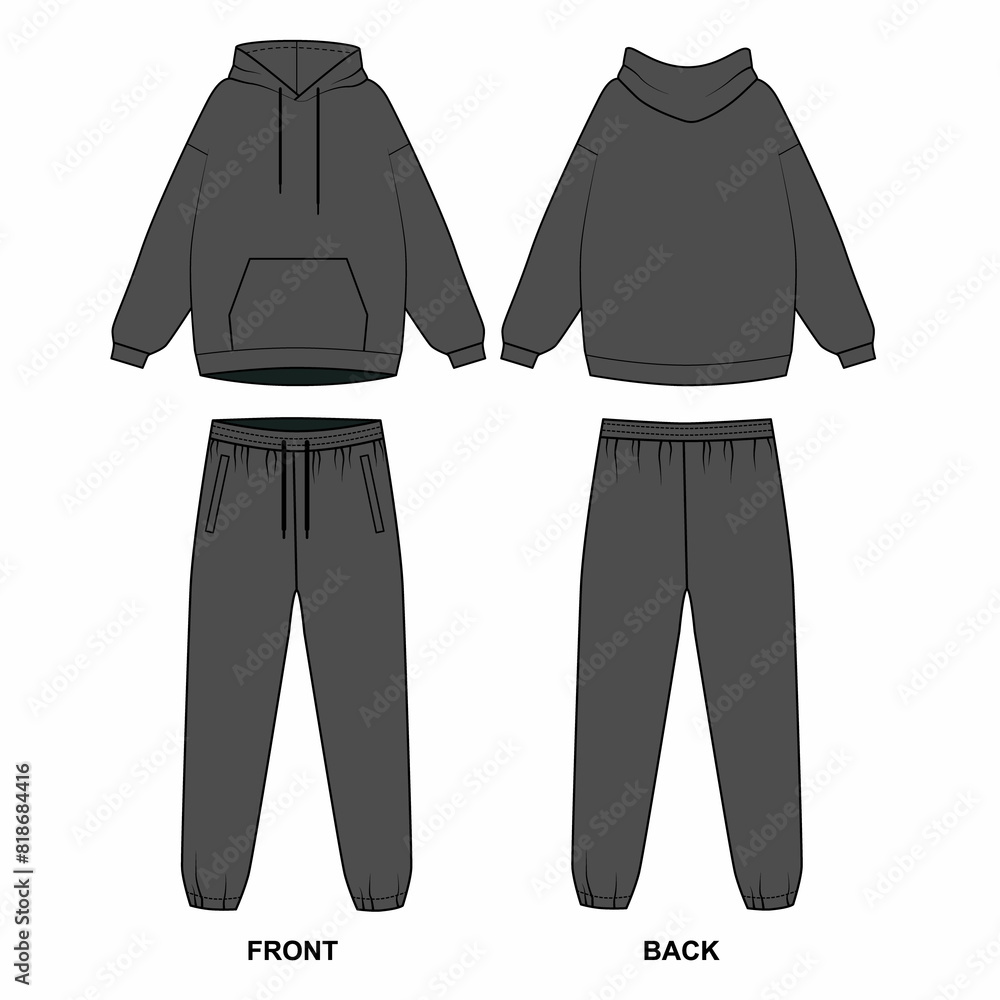 Technical drawing of a tracksuit, front and back view. Drawing of ...