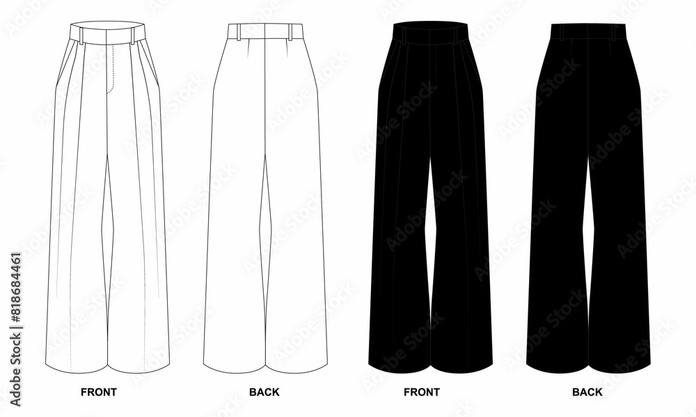 Illustration of long, wide pants front and back view. Drawing of ...