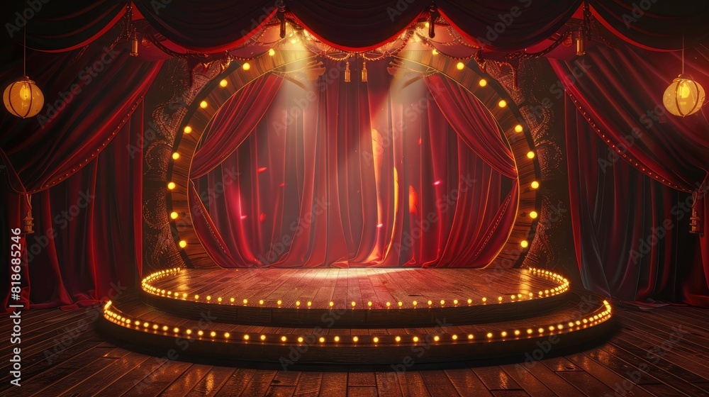Circus stage podium background 3D carnival light red show curtain ...