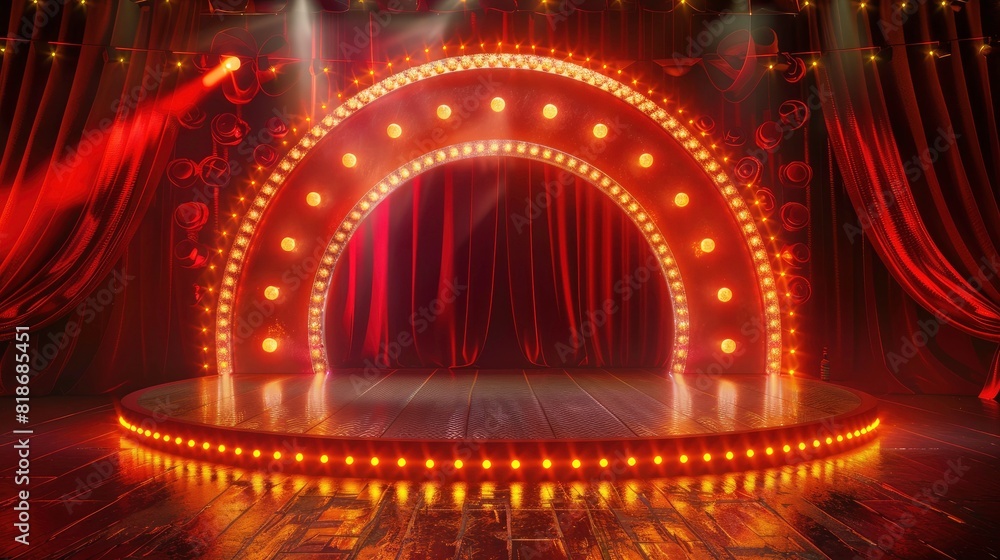 Circus stage podium background 3D carnival light red show curtain ...