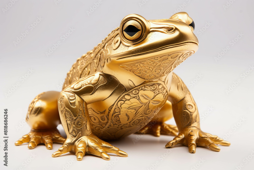 A golden frog is sitting on a white background. The frog is facing the ...