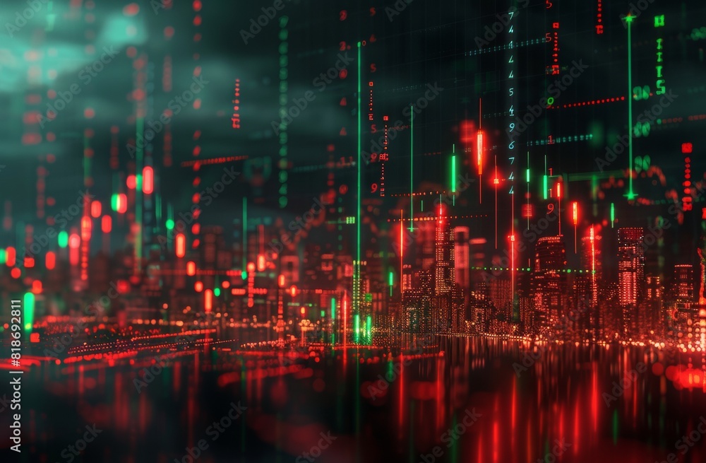 modern stock market candlestick chart on black background, green and ...