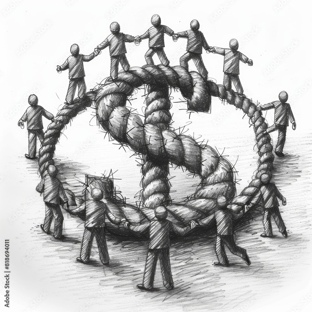 Black and white pencil drawing of people holding ropes around the ...