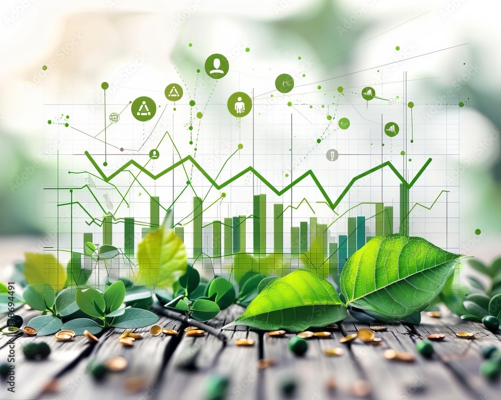 Graphical chart of ESG performance, upward trend lines, green eco ...