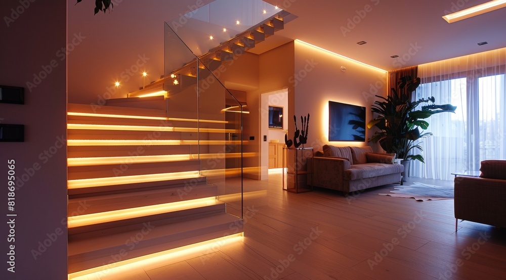 A staircase with glass balustrades and wooden steps, illuminated by ...