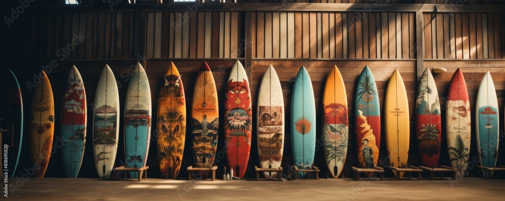 Vintage surfboards with colorful designs lined up inside a rustic ...