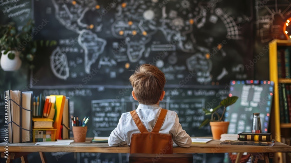 back view of a boy pupil, studying at a desk in a classroom on a ...