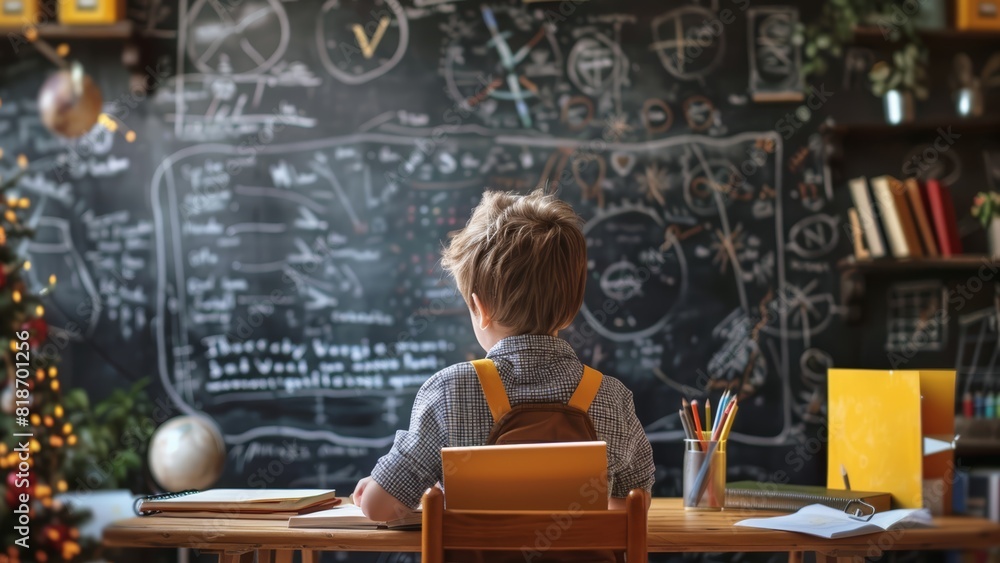 back view of a boy pupil, studying at a desk in a classroom on a ...