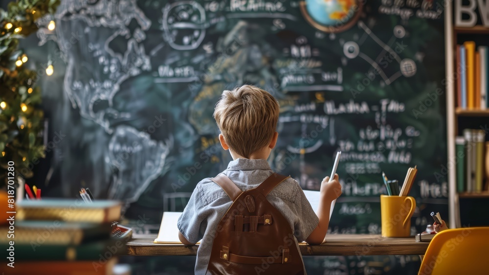 back view of a boy pupil, studying at a desk in a classroom on a ...