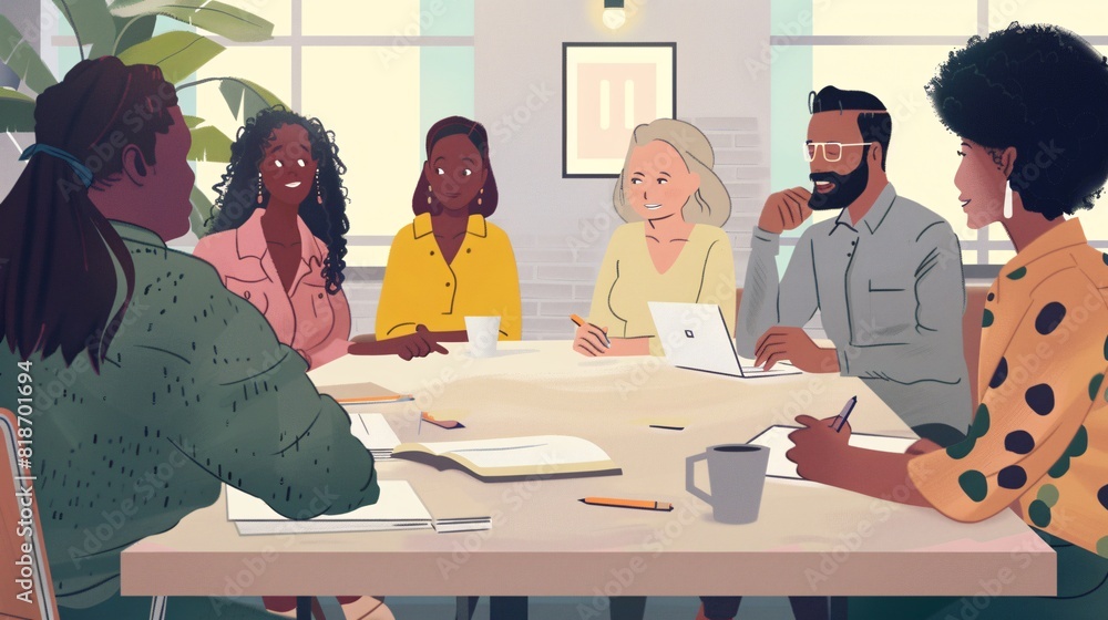 A diverse group of colleagues sitting around a conference table ...