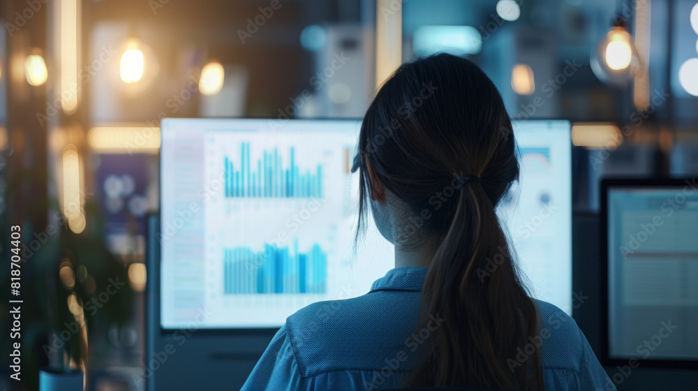 A woman is sitting in front of a computer monitor with a ponytail. She ...