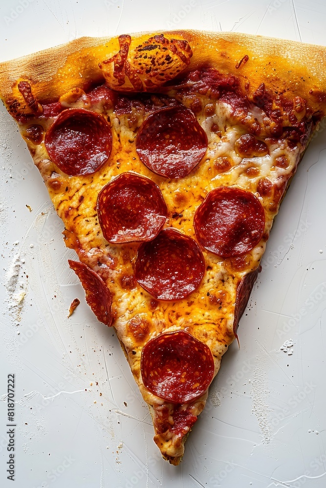 The vibrant slice of pepperoni pizza stands out against the stark white background in the aerial ...