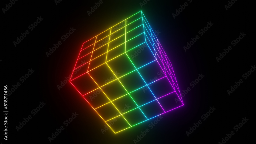 3d abstract neon glowing rainbow disco grid wireframe cube. Retro LGBT ...