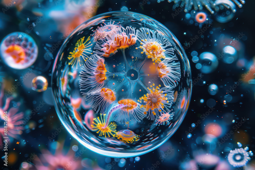 Ultra-magnified tiny microorganisms, showcasing biodiversity in a drop ...