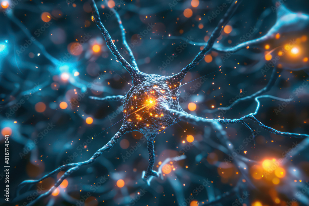 Neuron network under a microscope, highlighting synaptic connections, blending scientific ...
