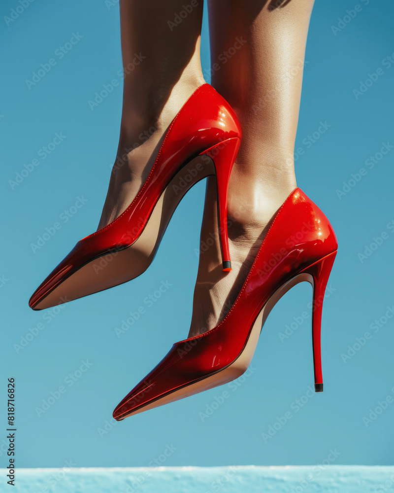 A pair of red high heels are shown in the air, with the woman's legs ...