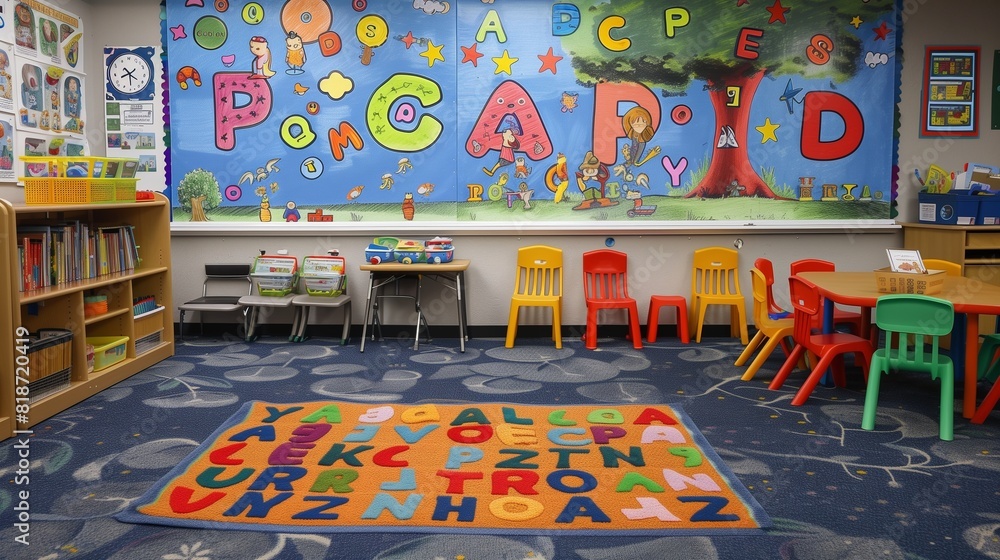An alphabet chart displayed on a classroom wall, featuring vibrant ... An alphabet chart displayed on a classroom wall, featuring vibrant ...