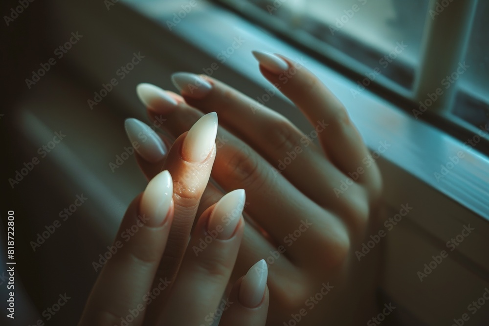 elegant nail design. a woman's hand with a pink manicure in close-up ...