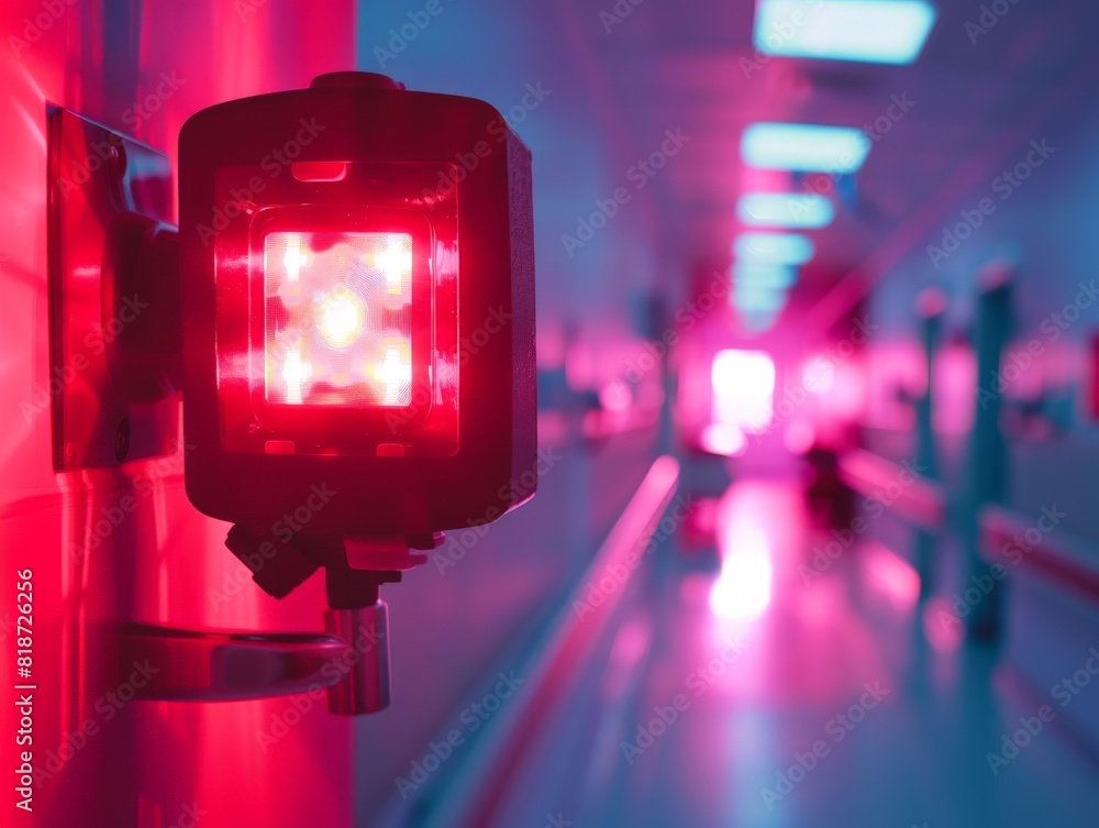 A red warning light flashing on a medical device in a hospital room ...