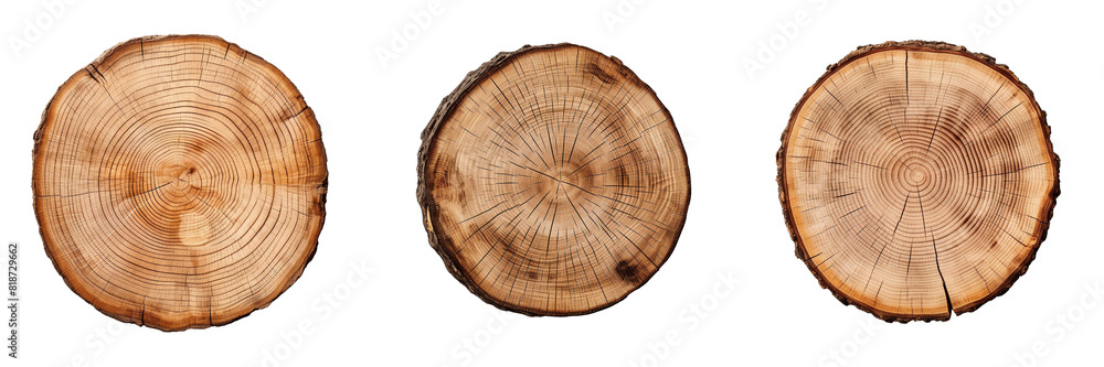 Collection of round wooden tree slice trunk stump wood isolated on ...