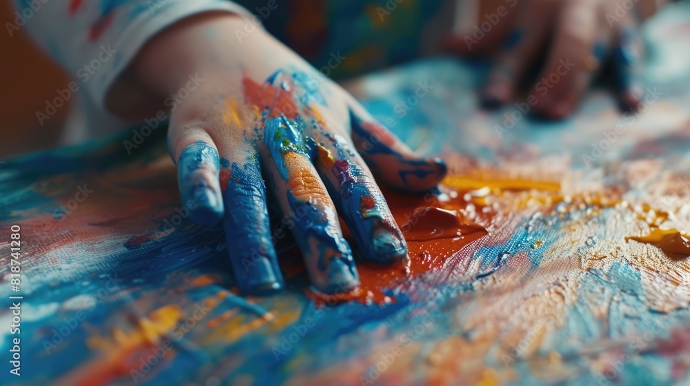 Close up of attractive elementary student hand playing stained color in ...
