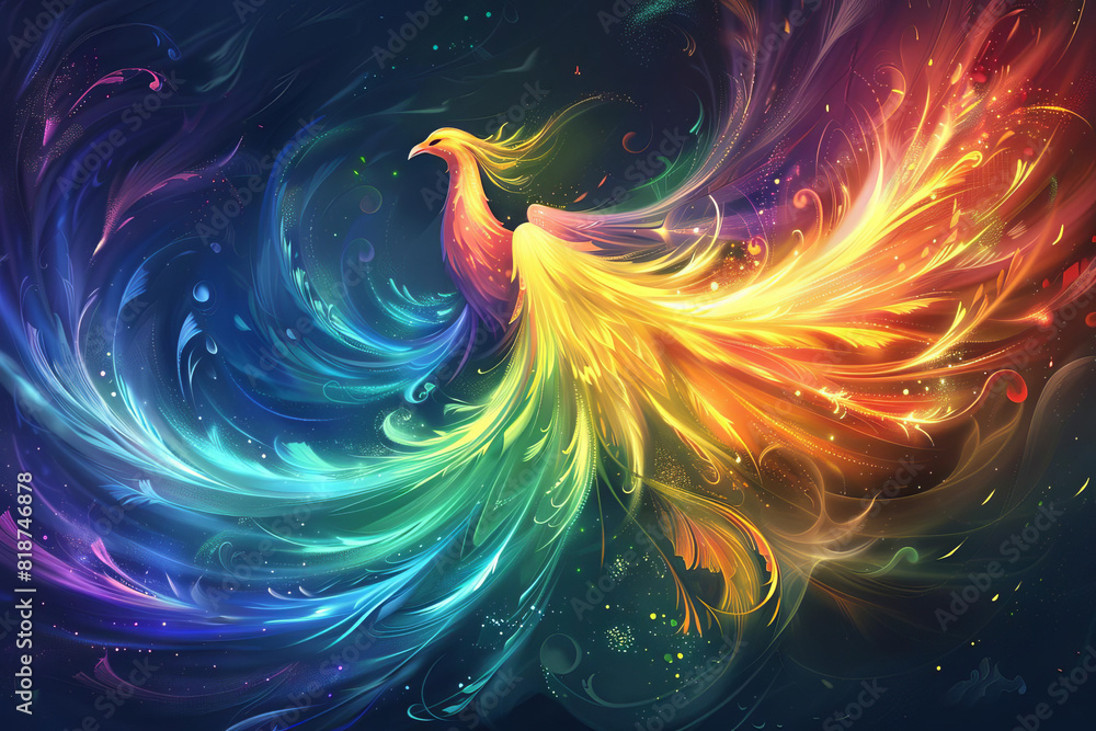 Rainbow-colored phoenix rising, symbolic and powerful, illustration ...