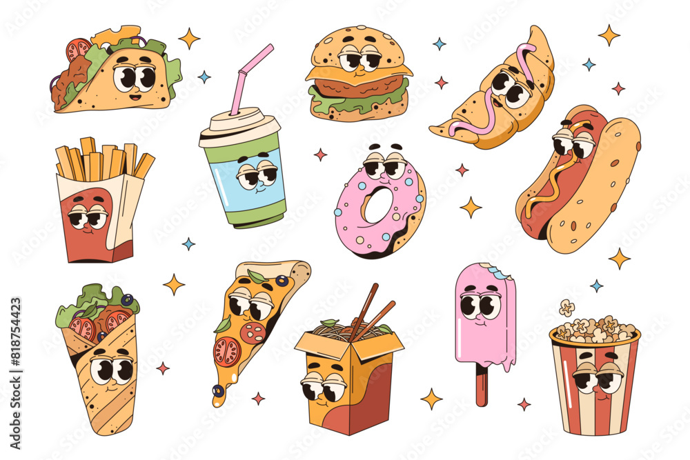 Set of fast food character with face. Vector cartoon pop art hot dog ...