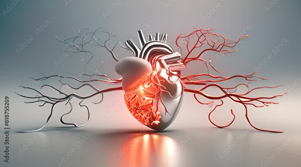3D metallic human heart emitting vibrant lightning bolts, dynamic ...