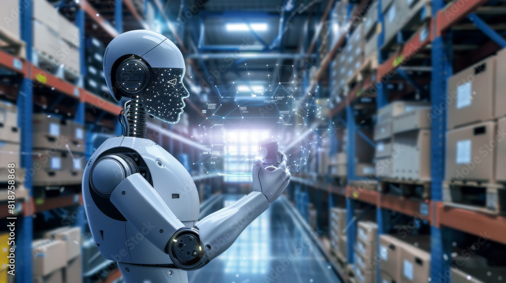 Advanced AI robot utilizing artificial intelligence to manage inventory in a modern warehouse ...