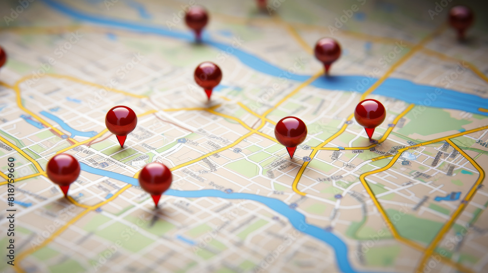 A map with red pins on it. The map is of a city and the pins are placed ...