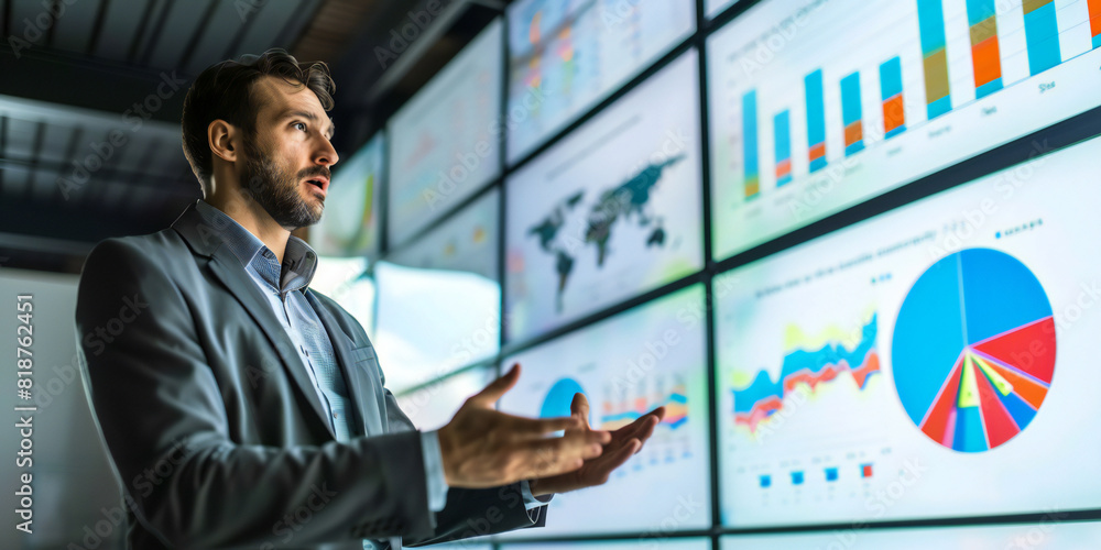 business person, a confident entrepreneur delivering a compelling pitch ...