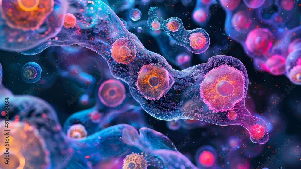 Microscope View of Genetically Modified Cells A microscopic image ...