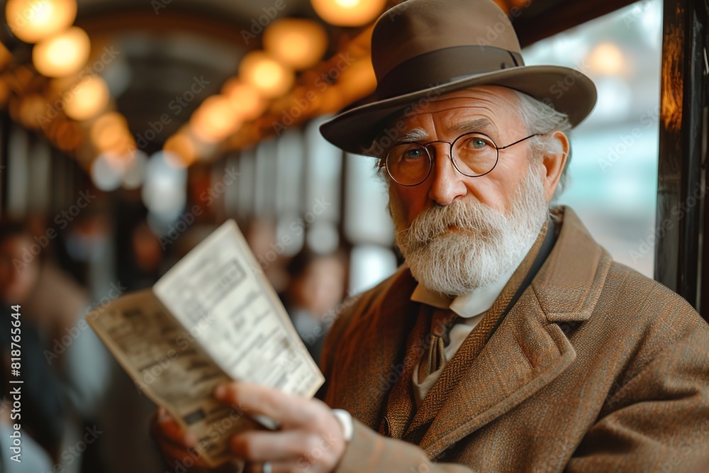 An antique ticket conductor meticulously punching tickets for ...