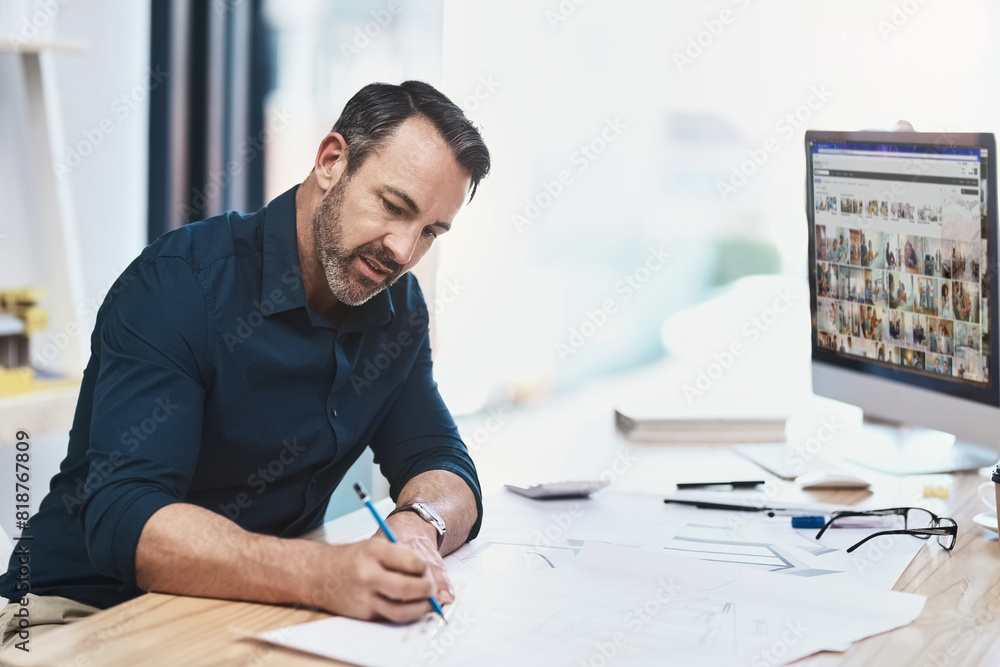 Man, architect and drawing floor plan for design blueprint or creative ...