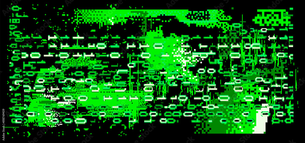 Distorted collapsing green pixels and binary code on a dark background ...