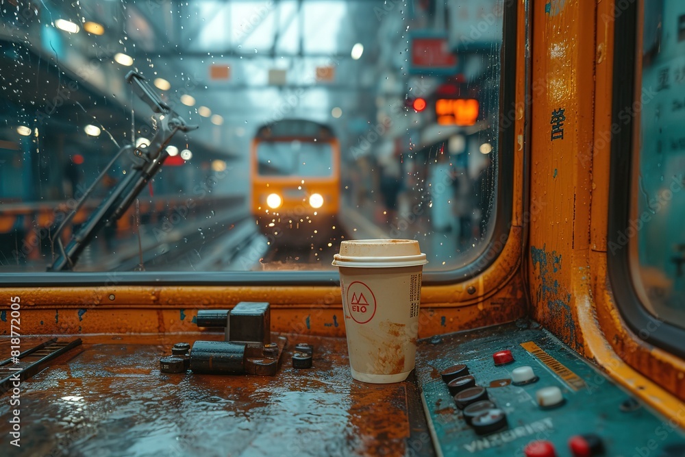 Train Operator's Coffee Cup on Dashboard A coffee cup placed on the ...