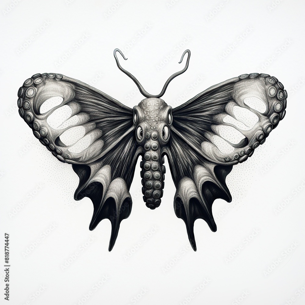 Blackwork tattoo design of a butterfly with octopus-inspired details ...