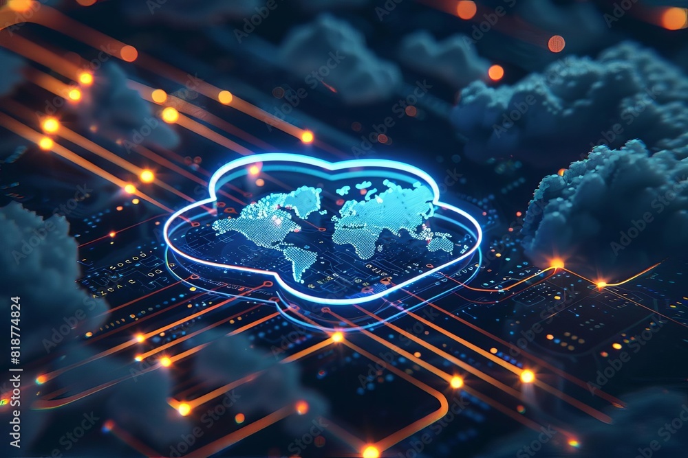 data transfer cloud computing technology concept cloud icon internal connections abstract world ...