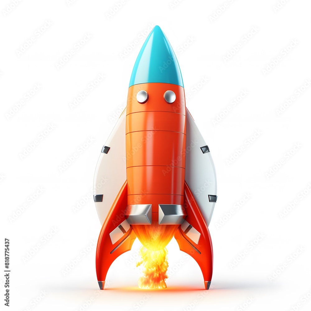 Cartoon rocket taking off isolated on white background. 3d rendering ...