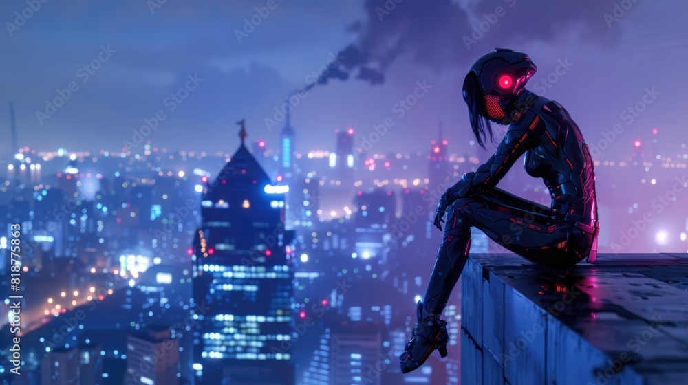 3d illustration cyborg female sitting on her haunches on the edge of ...