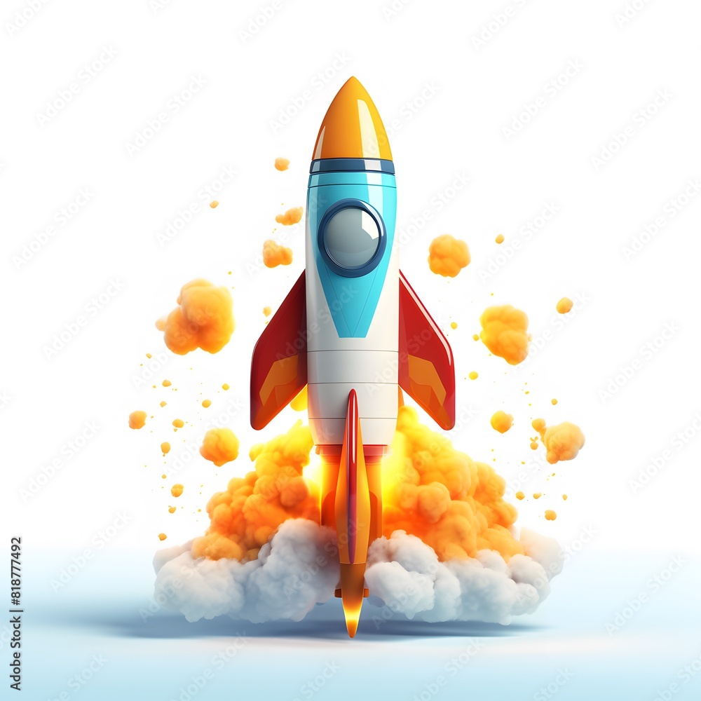 Cartoon rocket taking off isolated on white background. 3d rendering ...